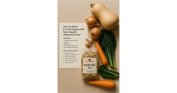Barley & Lentil Ragout with Roast Squash & Greens. Farm Direct